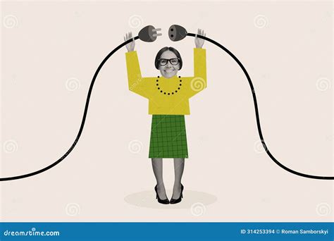 Composite Photo Collage Of Happy Girl Connect Socket Wire Electricity Insert Cable Power Danger