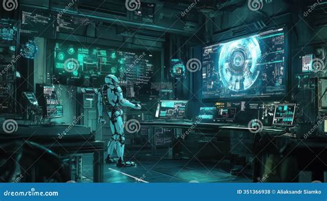 Ai Robot Managing Cybersecurity Interface In Futuristic Control Room