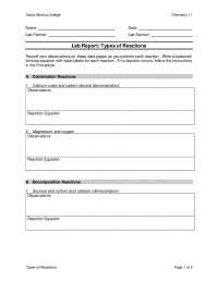 Lab Report Reaction Types Of Reaction Docsity