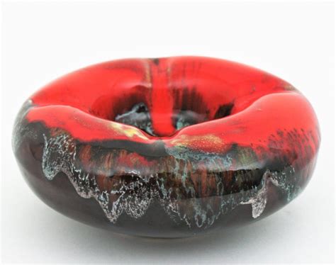 Vallauris Orange Amber Brown Ceramic Fat Lava Round Ashtray Bowl