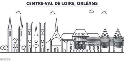 프랑스 올 리 언 즈 아키텍처 선 스카이 라인 일러스트입니다 유명한 랜드마크 시티 명소와 선형 벡터 풍경 디자인 아이콘 편집 가능한 선 오를레앙에 대한 스톡 벡터 아트 및