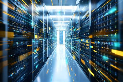 Data Center Server Room Corridor Glowing Lights Fast Data Transfer 1