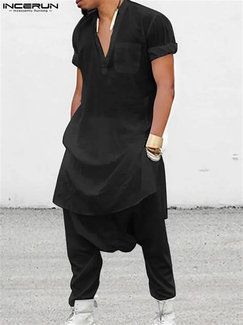Incerun Men Sets Solid Vintage Muslim Clothing Stand Collar Long Sleeve