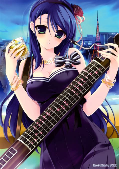 Safebooru Bare Shoulders Blue Hair Bracelet Breasts Cleavage Dress