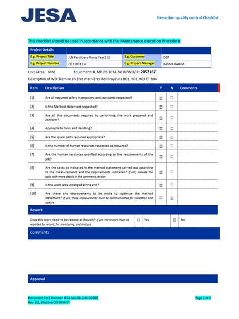 Jesa Ems Checklist Excecution Quality Remise En État Charnières Des