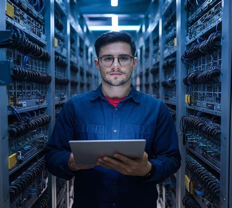 Young Network Engineer Looking At Ethernet Switches Premium Ai