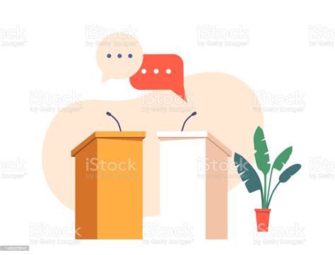 흰색 배경에 격리된 마이크와 말풍선이 있는 빈 트리뷴 기자 회견 스튜디오 인테리어 0명에 대한 스톡 벡터 아트 및 기타 이미지
