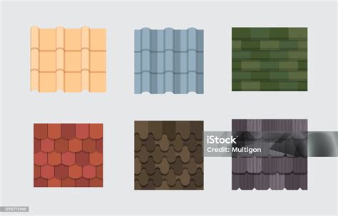 지붕 타일 세트 녹색과 빨간색 세라믹 장식 보호 코팅 테라코타 방수 표면에 건축 중첩 타원형 직사각형 플레이트와 엠보싱 지붕 덮개 벡터 디자인 0명에 대한 스톡 벡터 아트
