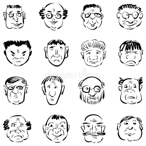 Outline Doodle Drawings Of Various Cartoon Funny Male Faces Stock