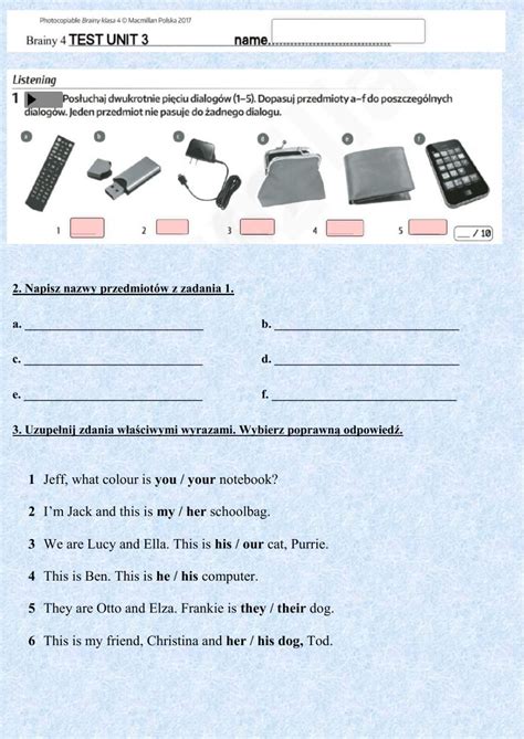 Possessive Adjectives Brainy 4 Test Unit 3 Worksheet