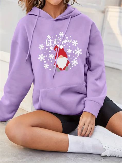 Cute Christmas Santa Print Hoodie Casual Drawstring Kangaroo Temu