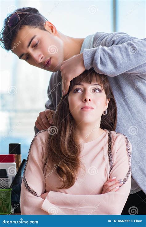 The Man Stylist Working With Woman In Beauty Salon Stock Image Image