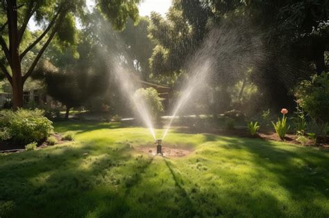 Premium Ai Image Sprinkler In Backyard With Trees And Garden Visible