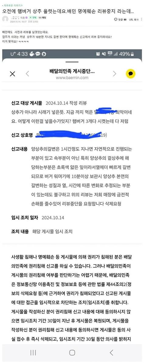 배달 햄버거 리뷰 올렸다가 명예훼손 리뷰중지 당한 손님 유머움짤이슈 에펨코리아