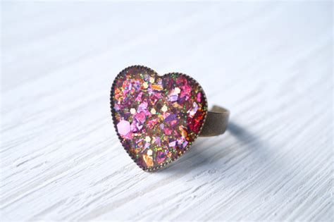 Pink And Orange Glitter Resin Heart Statement Ring On Storenvy