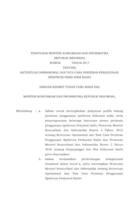 PDF PERATURAN MENTERI KOMUNIKASI DAN INFORMATIKA Komunikasi Radio Antar Penduduk