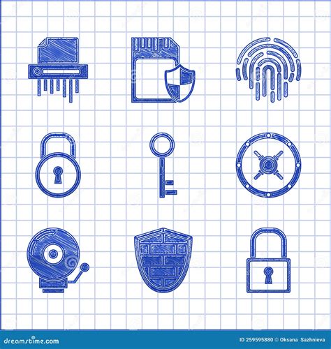 Set Key Shield With Cyber Security Brick Wall Lock Safe Ringing Alarm Bell Fingerprint And