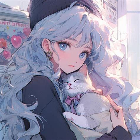 Chica De Anime Con Cabello Blanco Largo Sosteniendo Un Gato Blanco En
