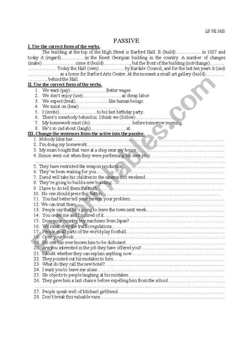 Exercises On Passive Voice Esl Worksheet By Hailevu