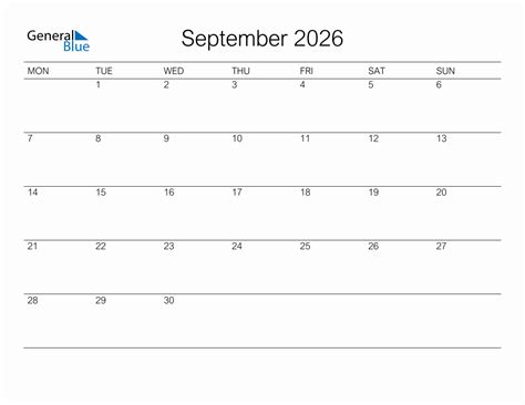 Printable September 2026 Monthly Calendar Monday Start