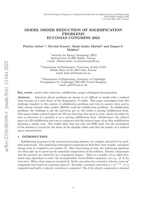 PDF Model Order Reduction Of Solidification Problems