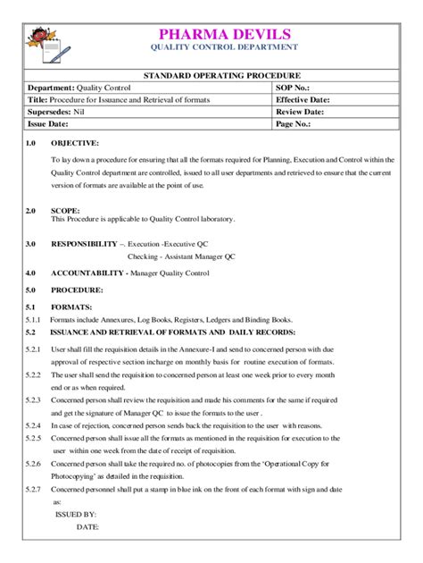 Fillable Online Sop For Procedure For Issuance And Retrieval Of Formats Fax Email Print