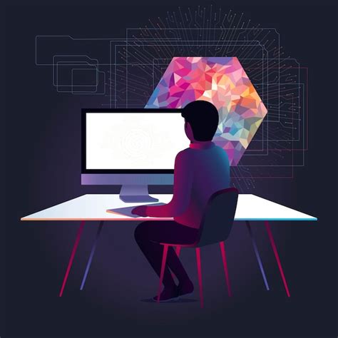 Premium Vector Portrait Of Male Graphic Designer Working On Computer At Workplace And Abstract