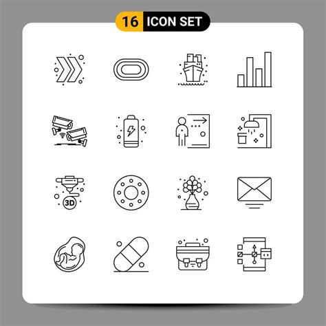 Group Of 16 Modern Outlines Set For Surveillance Camera Sea Cctv Chart Editable Vector Design