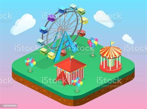 등각 투영 평면 3d 벡터 Carousels와 시 배너입니다 놀이 공원 3차원 형태에 대한 스톡 벡터 아트 및 기타 이미지
