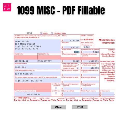 2024 1099 MISC IRS Forms Copy A Print Template PDF Fillable With