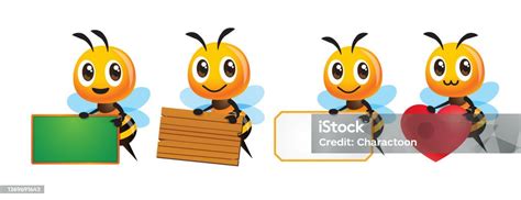 칠판 나무 판 하트 모양 표지판 등 다른 빈 간판을 들고 만화 귀여운 꿀벌의 컬렉션 세트 캐릭터 세트 감정에 대한 스톡 벡터 아트 및 기타 이미지 Istock