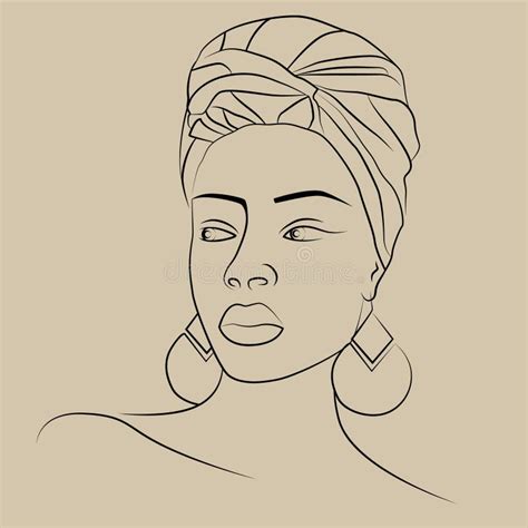Ethnic African Woman Portrait Line Drawing Beige Poster Stock Vector