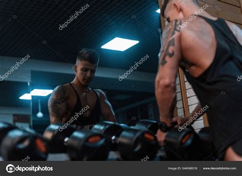 Handsome Bodybuilder Man Muscular Body Trains Gym Pumps Biceps