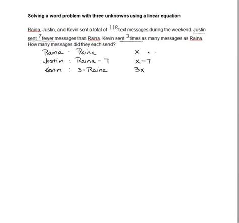 solving a word problem with three unknowns using a linear equation