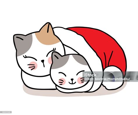 손은 빨간 모자 벡터에 만화 귀여운 메리 크리스마스 어머니와 아기 고양이를 그립니다 고양이 새끼에 대한 스톡 벡터 아트 및 기타