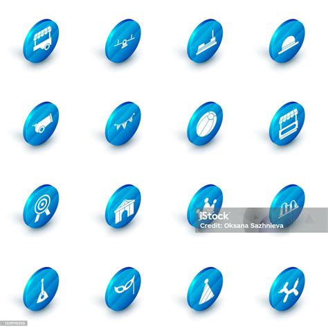 시소 범퍼 카 광대 모자 캐논 대상 깃발카니발 화환 패스트 스트리트 푸드 카트 와 비치 볼 아이콘을 설정합니다 벡터 3차원 형태에 대한 스톡 벡터 아트 및 기타 이미지