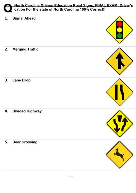North Carolina Drivers Education Road Signs Final Exam Drivers