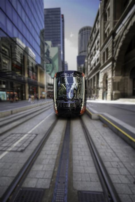 Passenger Tram Train Moving Through George St In Sydney Cbd Nsw
