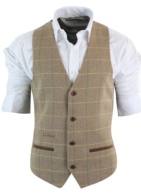 Pre Owned Marc Darcy Mens Vintage Tweed Waistcoat Herringbone Tan Brown