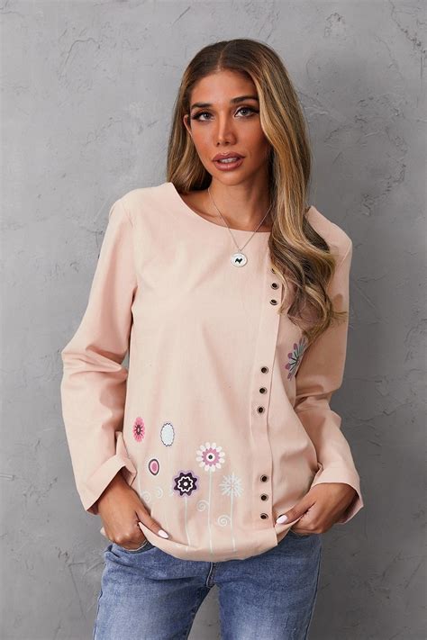 Women S Round Neck Floral Print Long Sleeves Blouse CurveDream