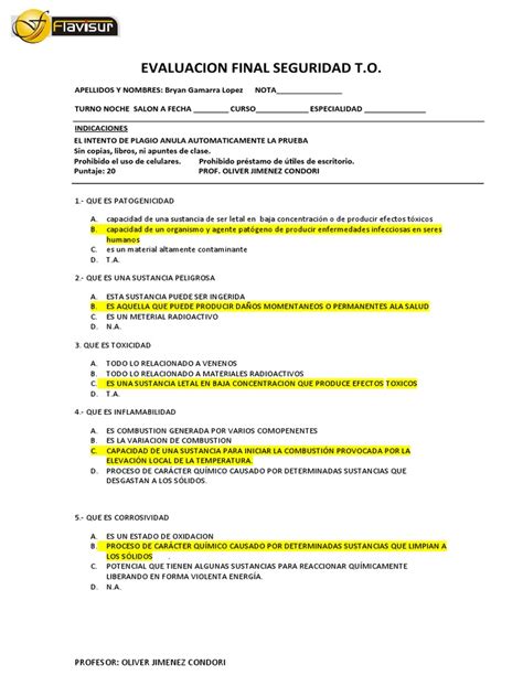 Evaluacion Final Seguridad Bryan Gamarra Pdf Toxicidad Ciencias Fisicas
