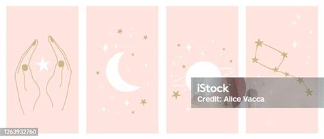 인스 타 그램 소셜 미디어 이야기 하이라이트 및 게시물에 대한 달 별과 별자리 요소 기호와 간단한 선형 스타일의 추상 신비한 로고 디자인 템플릿의 벡터 세트 별에 대한 스톡