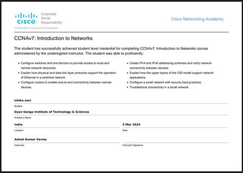 Completion Certificate For Ccnav7 Introduction To Networks Ishika