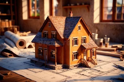 Small House Under Construction On Top Of Blueprints Stock Illustration Illustration Of