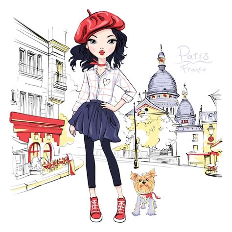 Fille De Mode Vecteur à Paris Vecteur Premium