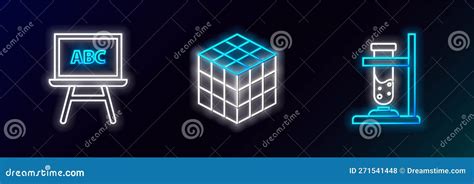 Set Line Glass Test Tube Flask On Fire Chalkboard And Rubik Cube Icon