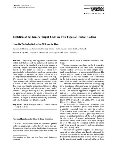 Pdf Evolution Of The Genetic Triplet Code Via Two Types Of Doublet Codons