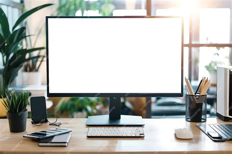 Modern Office Desk With Blank Computer Monitor Keyboard And Mouse