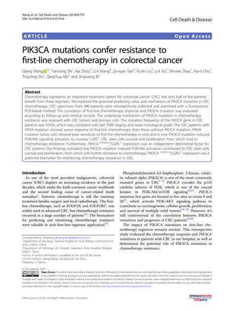 Pdf Pik3ca Mutations Confer Resistance To First Line Chemotherapy In