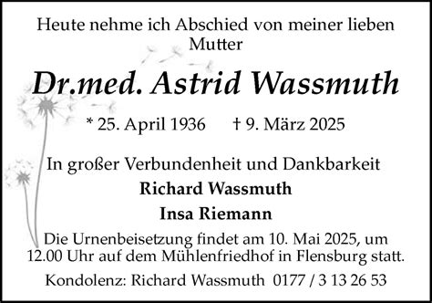 Traueranzeigen Von Astrid Wassmuth Shz Trauer